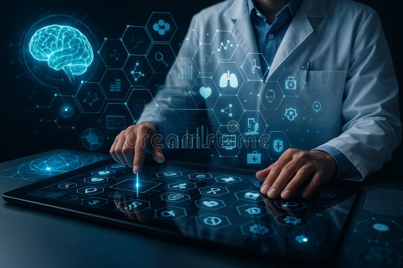 AI Generated Futuristic Medical Concept with Doctor Using Virtual Touchscreen and Glowing ...