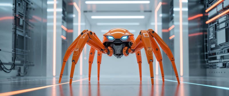 Futuristic Orange Spider Robot in a Technological Environment Stock ...