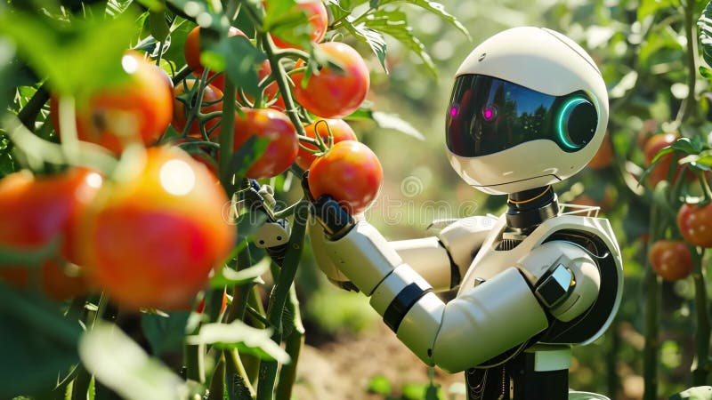 AI Generated. a Futuristic Robot Picking Ripe Tomatoes from a Garden ...