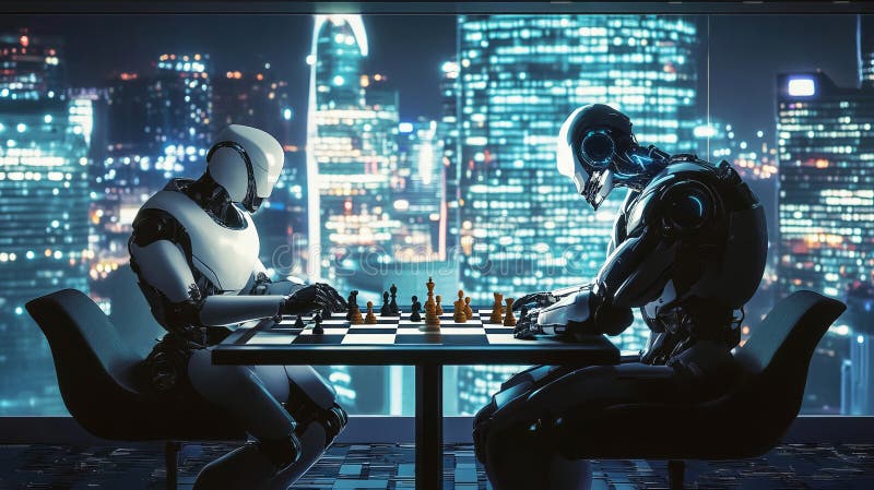 AI Generated. Futuristic Scene with Robots at a Chessboard in a Night ...