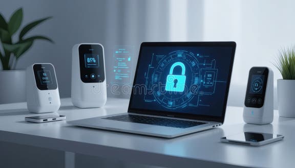 Modern Smart Home Security Setup with Laptop. Stock Image - Image of ...