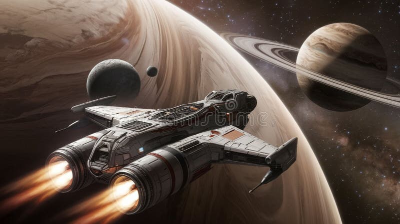 Futuristic Spaceship Near Ringed Planet in Deep Space. Stock ...