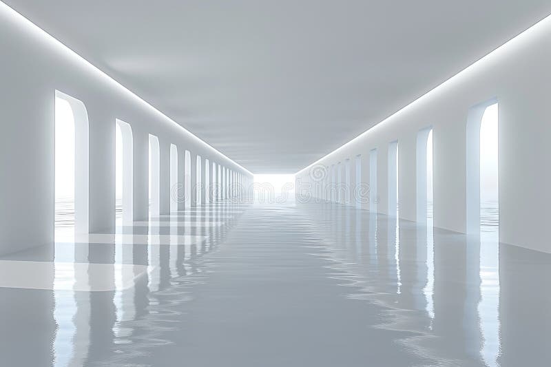 Futuristic White Hallway with Glowing Lights and Reflective Floor ...