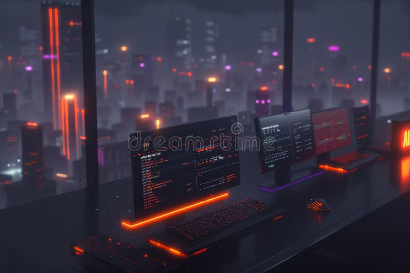 Futuristic Workspace with AI Monitors and a Glowing Cityscape ...