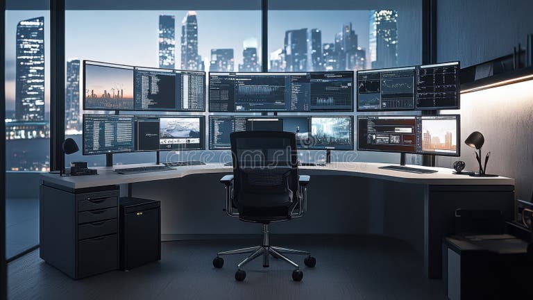 AI-Generated Futuristic Workstation Stock Illustration - Illustration of cityscape, modern ...