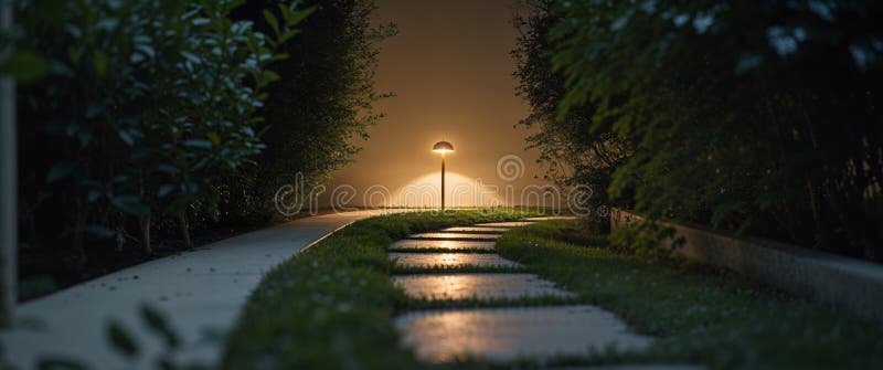 Garden Path Illuminated by a Lamp at Night Stock Image - Image of ...