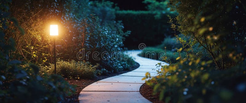 Garden Path Illuminated by a Lamp at Night. Stock Image - Image of ...