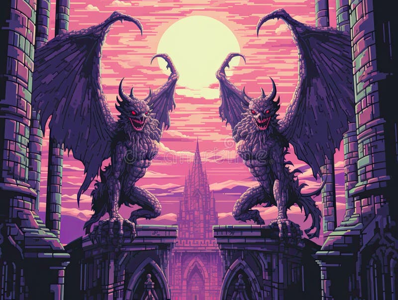 AI-Generated Gargoyles Guarding Pixelated Castle in 1980s Game Style ...
