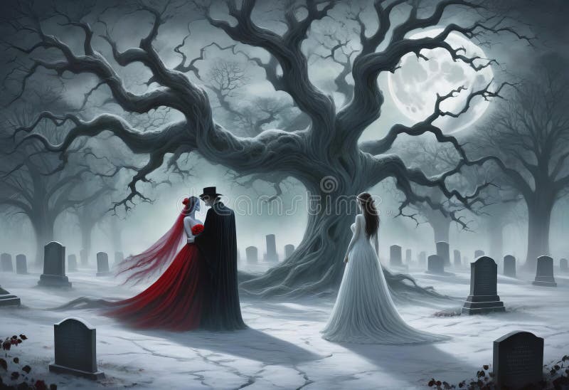 A Ghostly Bride and Groom in a Moonlit Graveyard Stock Illustration ...