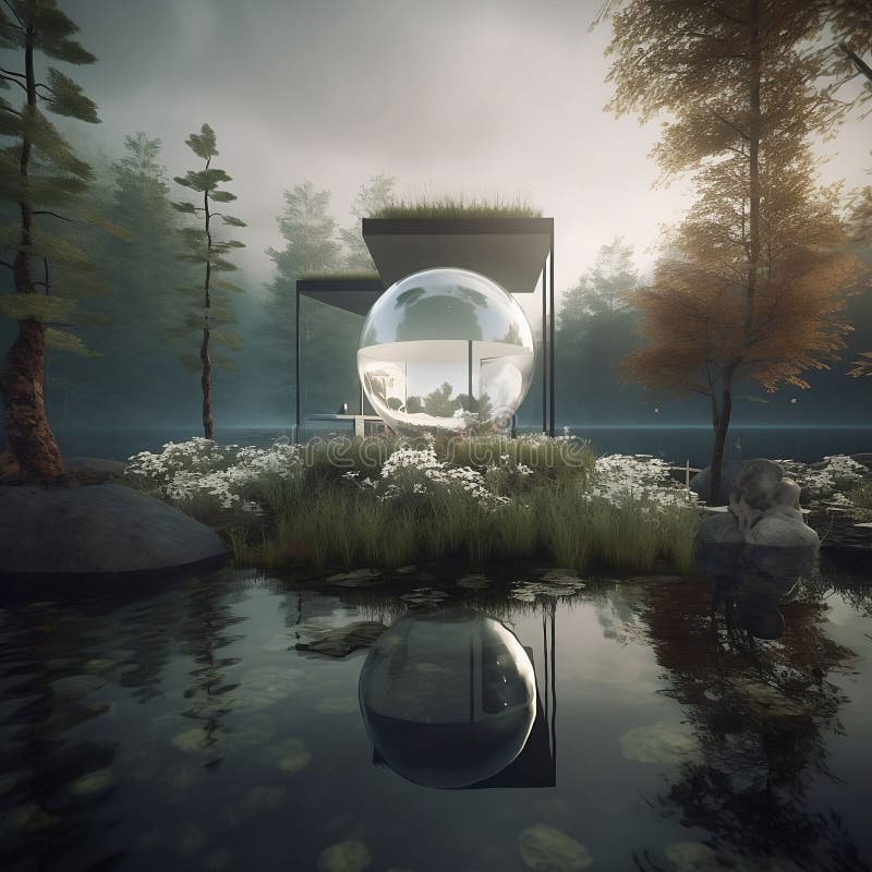 AI Generated Glass Sphere Surrounded by Trees and Water Stock ...
