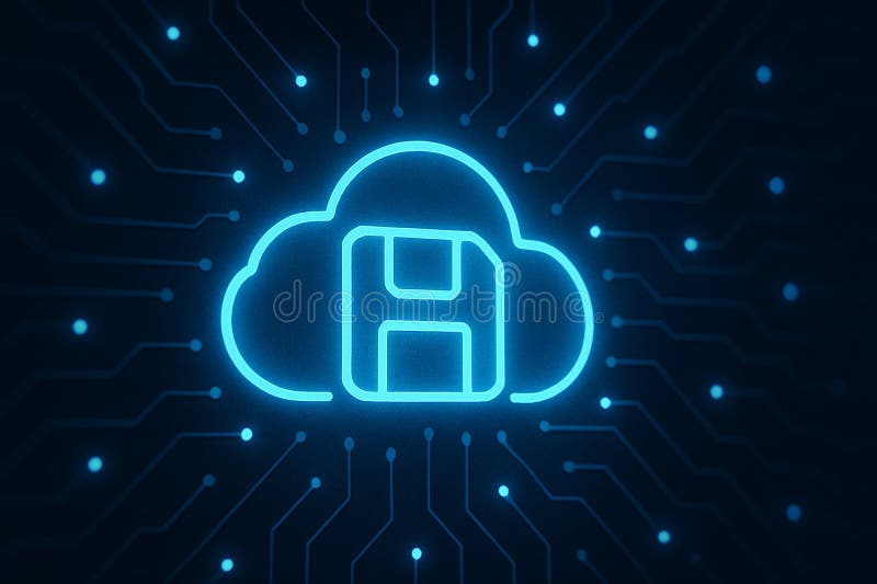 AI Generated Glowing Blue Cloud with Save Icon Shows Futuristic Digital Data Processing Network ...