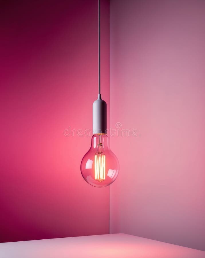 Glowing Light Bulb on Pink Gradient Background. Stock Image - Image of ...