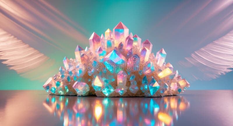 Glowing Multicolored Crystal Cluster on Reflective Surface with Light ...