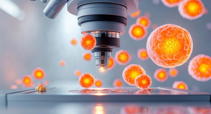 Glowing Orange Cells Under Microscope in Modern Laboratory Setting ...