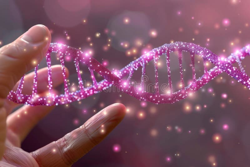 Glowing Pink DNA Model in Hands Against a Nebulous Backdrop ...