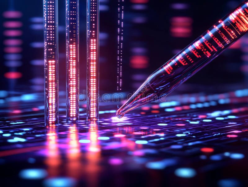 Glowing Pipette Dropping Fluid into Three Upright Test Tubes Standing ...