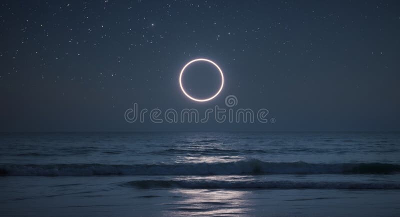 Glowing Ring Eclipse Over Dark Ocean at Night. Stock Image - Image of ...