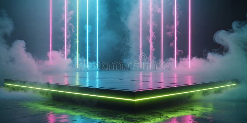 Glowing Stage Platform with Neon Lights and Smoke for Product Display ...