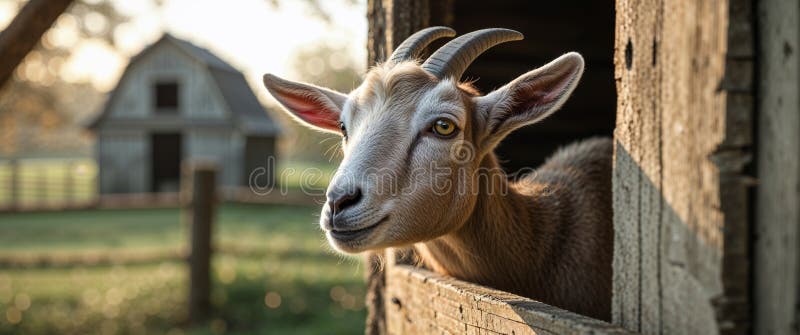 Goat Looking Curiously from a Barn in a Farm Setting during Daylight ...