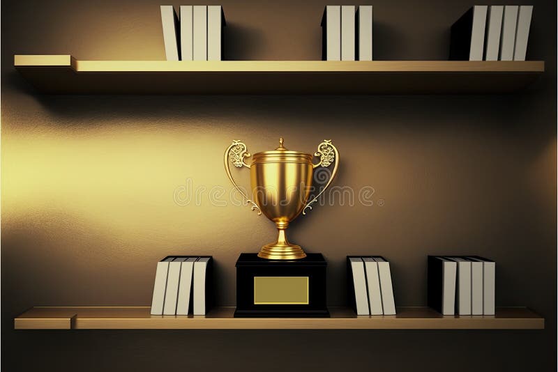 Ai Generated Gold Colored Trophy on Book Shelf Stock Illustration ...