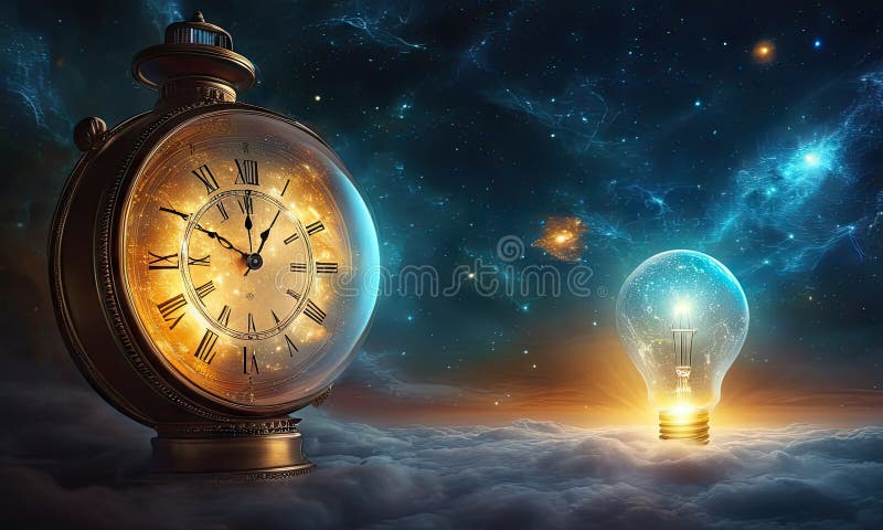 A Clock is Sitting on a Table Next To a Light Bulb. Stock Illustration ...