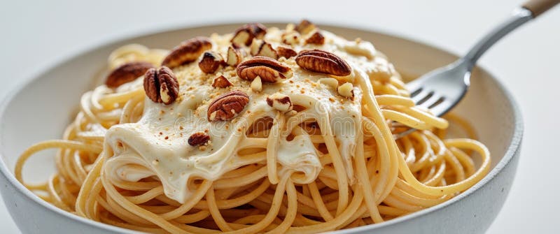 Golden Spaghetti with Melted Cheese and Nuts. Stock Photo - Image of ...