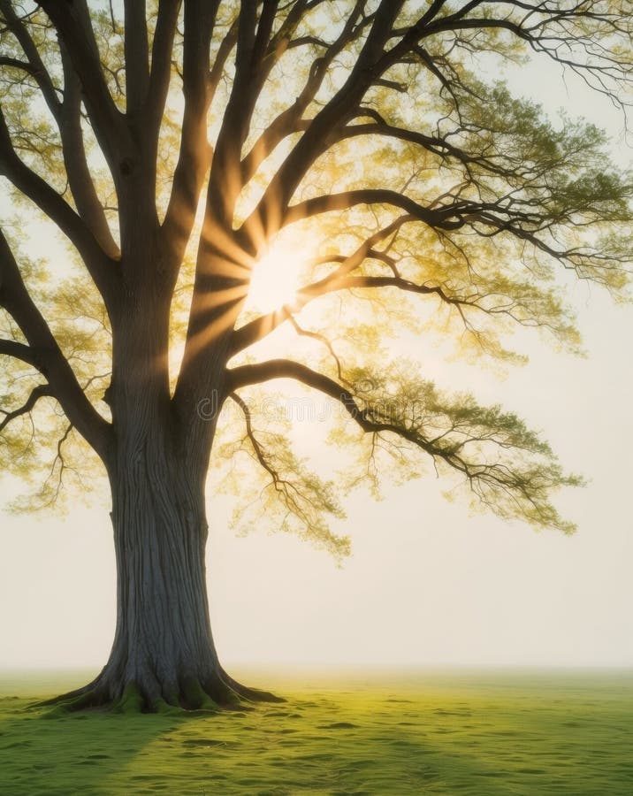 Golden Sun Rays Shining through a Tree in a Forest Clearing. Stock ...