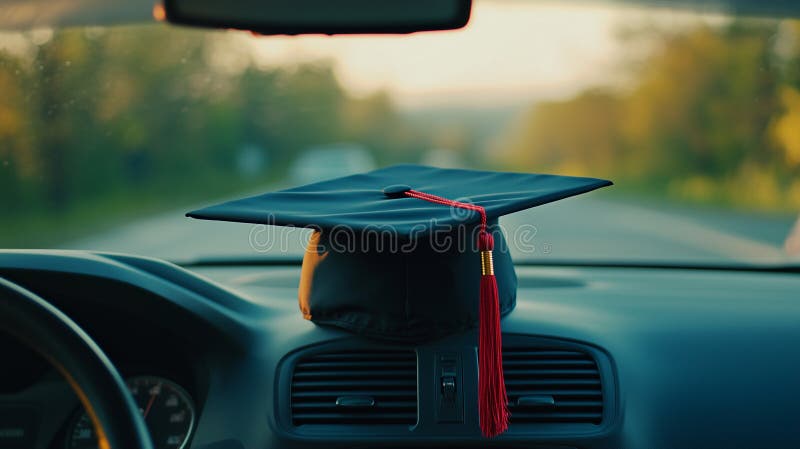 A Graduation Cap with a Red Tassel Sits on a Car Dashboard, Positioned ...