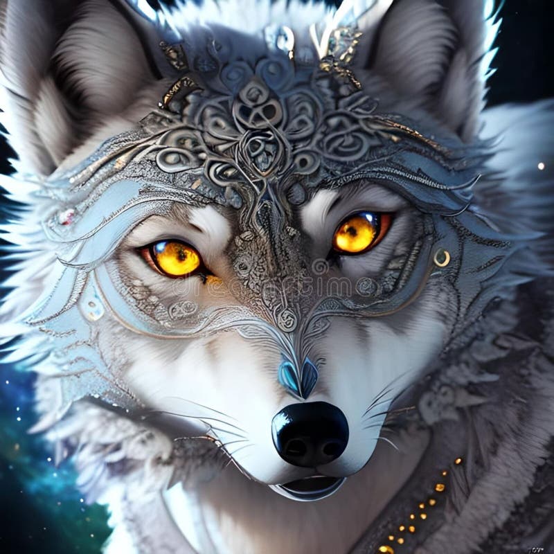 AI Generated Gray Wolf with Yellow Eyes and Patterned Forehead Stock ...
