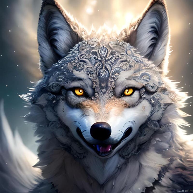 AI Generated Gray Wolf with Yellow Eyes and Patterned Forehead Stock ...