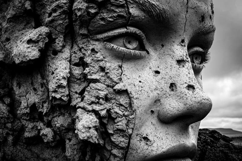 AI Generated Grayscale Illustration of a Half-destroyed Stone Statue ...