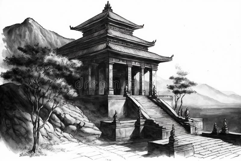 AI-generated Grayscale Illustration of Historic Asian Architecture ...