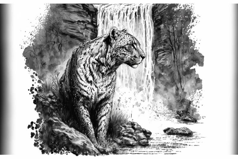 AI-generated Grayscale Illustration of a Panther Resting before the ...