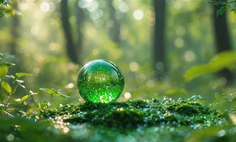 A Green Glass Globe Sits on a Mossy Surface in a Forest. Stock ...