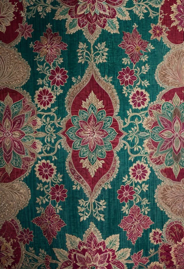 A Green and Red Batik Pattern on a Fabric Stock Illustration ...