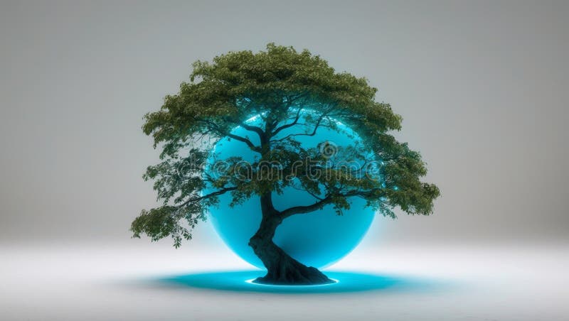 A Green Tree Growing Inside a Glowing Blue Sphere. Stock Image - Image ...