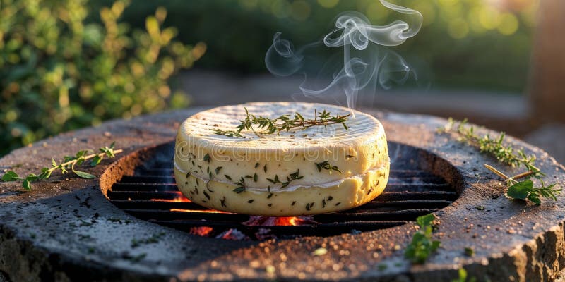 Grilling Brie Cheese Infused with Herbs Over an Open Flame while ...