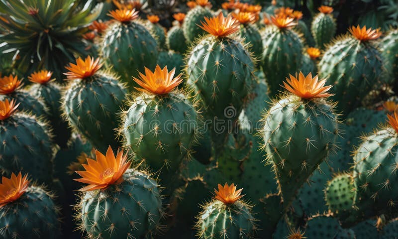 A Close Up of a Cactus with Orange Flowers. Stock Illustration ...