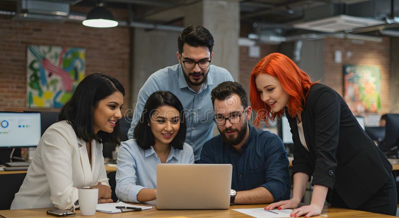 Group of Professionals Collaborating on Laptop in Office Stock ...