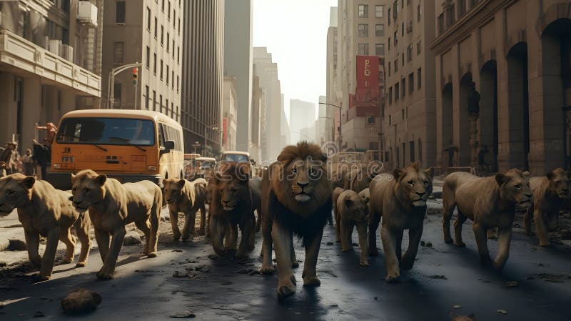 AI Generated Group of Lions Walking in Street Stock Illustration ...