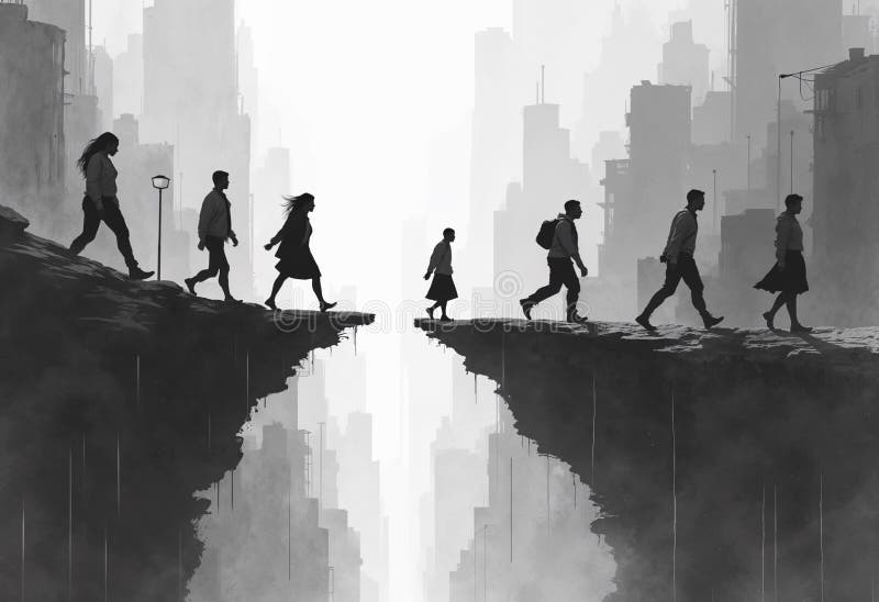 People in Single File Walking the Edge Along a Cliffside Gap between ...