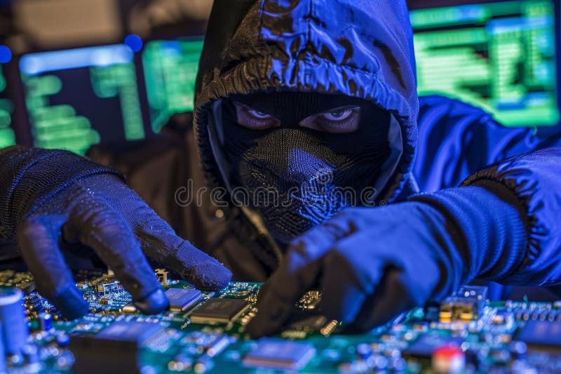 Hacker in a Dark Room Working on Multiple Screens, Representing Cyber ...