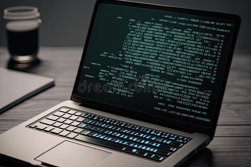 AI Generated Hacker Laptop with Binary Computer Code Internet and Network Security Stock ...