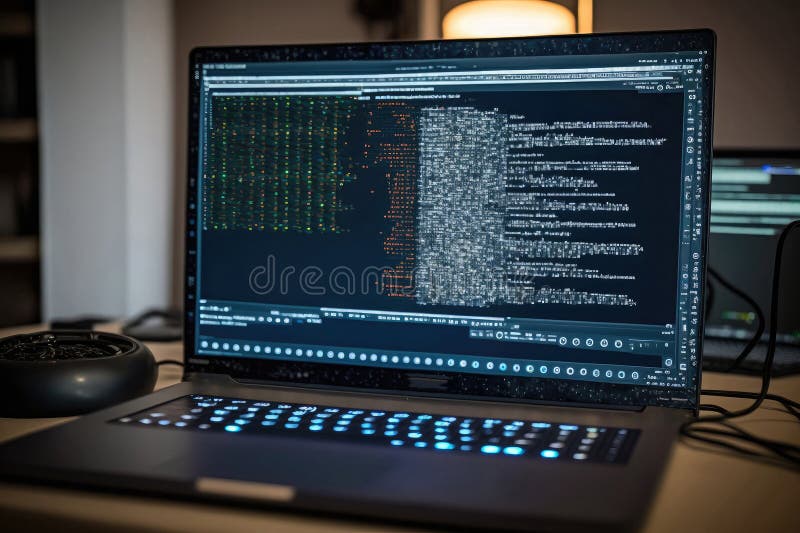 Ai Generated Hacker Laptop With Binary Computer Code Internet And Network Security Stock