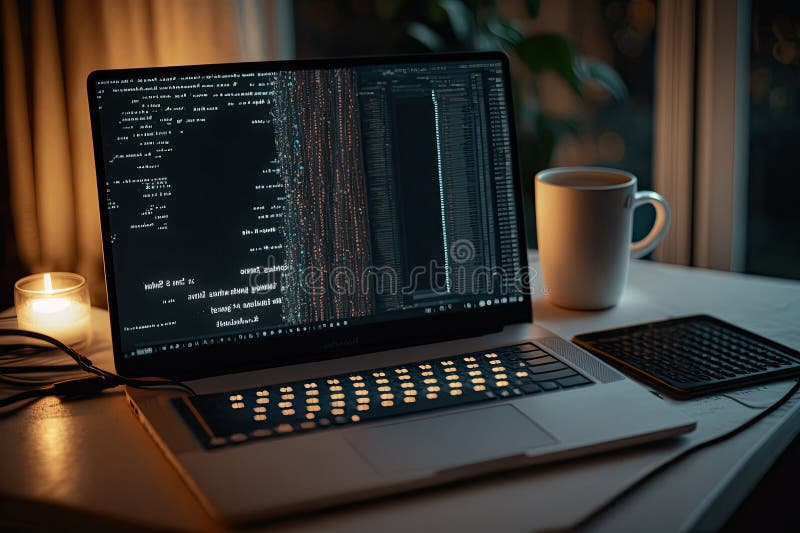 Ai Generated Hacker Laptop With Binary Computer Code Internet And Network Security Stock