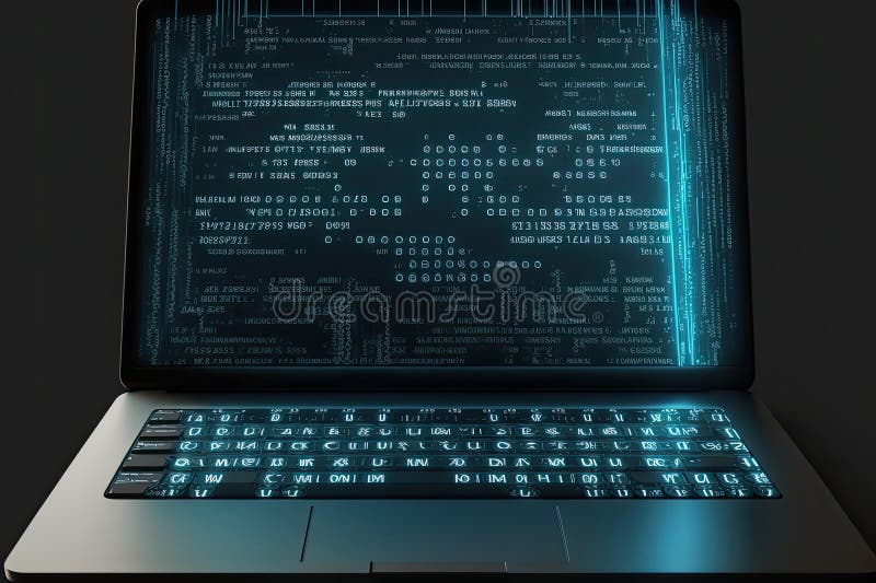 Ai Generated Hacker Laptop With Binary Computer Code Internet And Network Security Stock