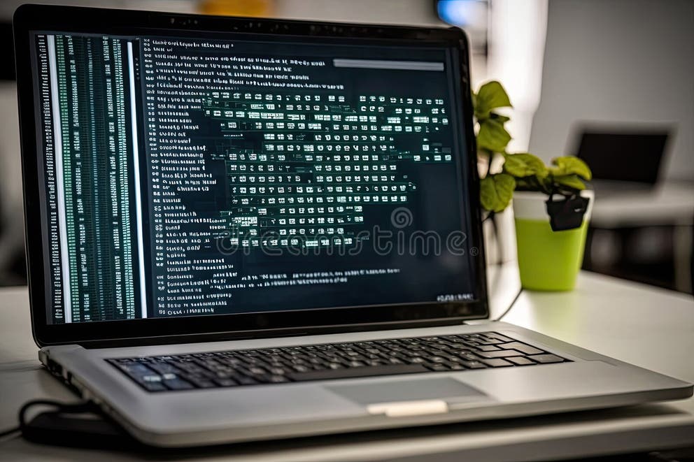 AI Generated Hacker Laptop with Binary Computer Code Internet and Network Security Stock ...