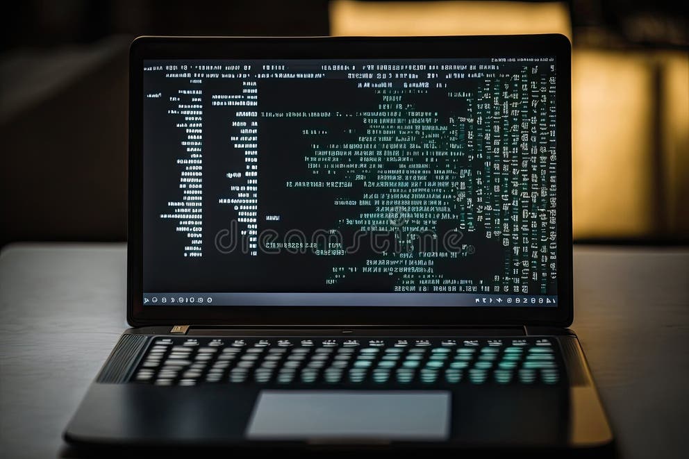 AI Generated Hacker Laptop with Binary Computer Code Internet and Network Security Stock ...