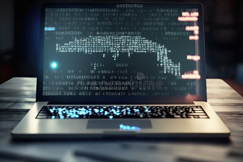 AI Generated Hacker Laptop with Binary Computer Code Internet and Network Security Stock ...