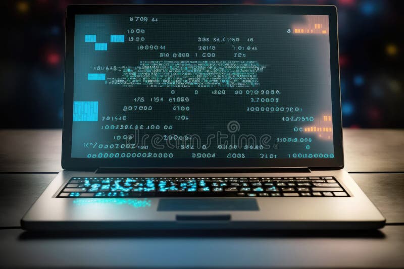 Ai Generated Hacker Laptop With Binary Computer Code Internet And Network Security Stock